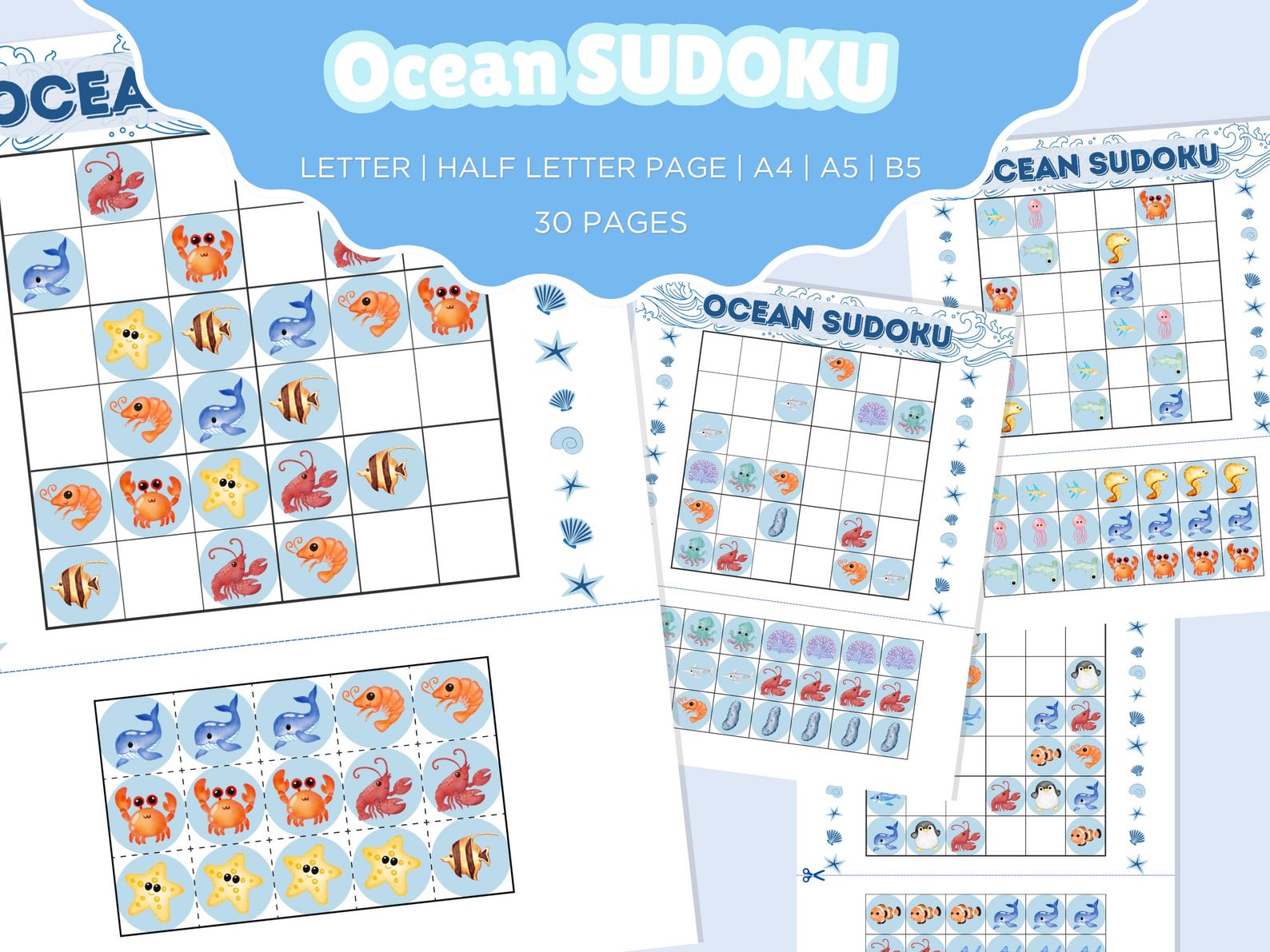 Ocean Animal 6x6 Sudoku Printable Kids Summer Logic Activity Picture ...