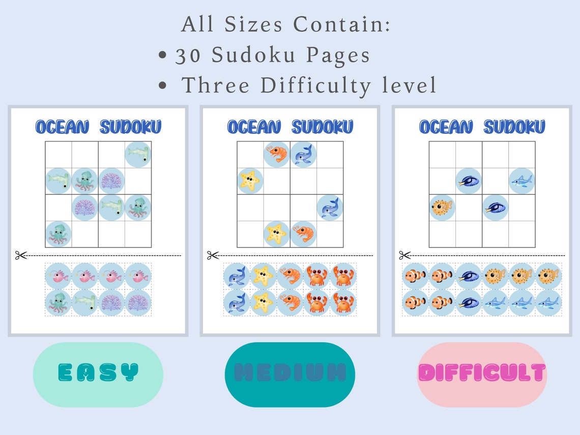 Ocean Animal 4x4 Sudoku Printable Kids Summer Activity Picture Sudoku ...