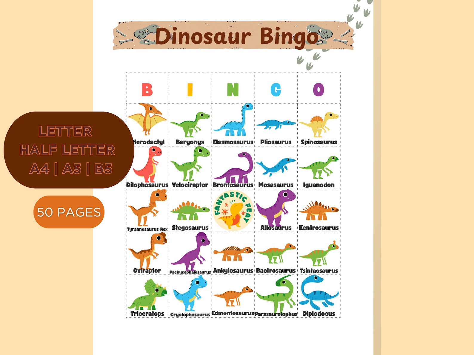 Dinosaur Bingo Cards 50 Pages Printable |a4|a5|letter|half Letter|b5 ...