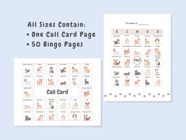 Dog Bingo Cards 50 Pages Printable |a4|a5|letter|half Letter|b5| Puppy ...