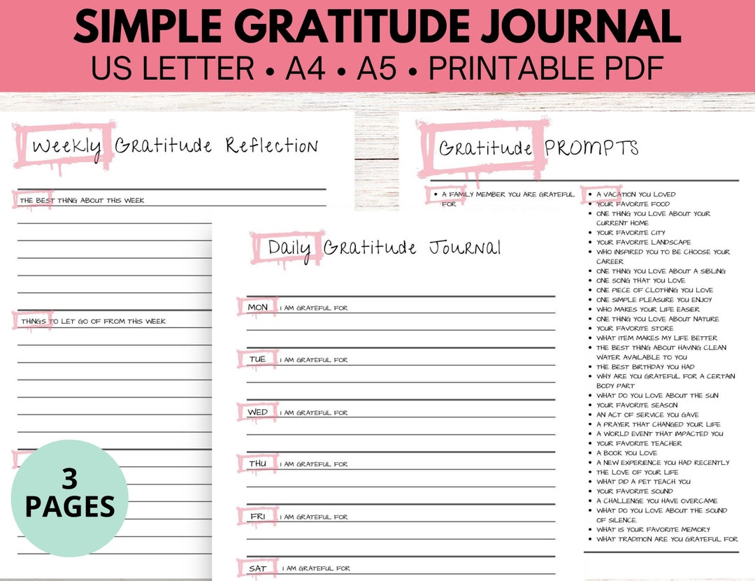 Simple Gratitude Journal Printable | Instant Download | US Letter - A5 ...