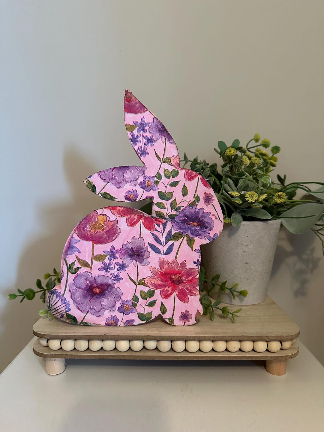 Pink Floral Easter Bunny, Decoupage Wooden Easter Bunny, Spring Mantle ...