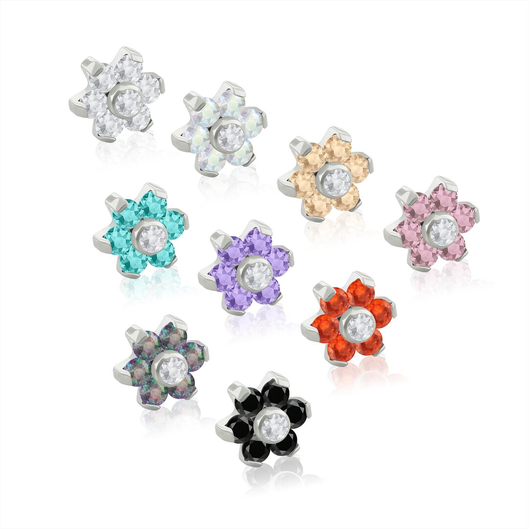 Implant Grade Titanium THREADED Flower END, Prong-set Cubic Zirconia in ...