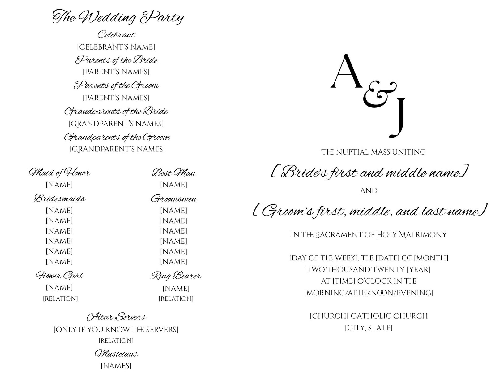 Bifold Wedding Program With a Catholic Mass - Etsy