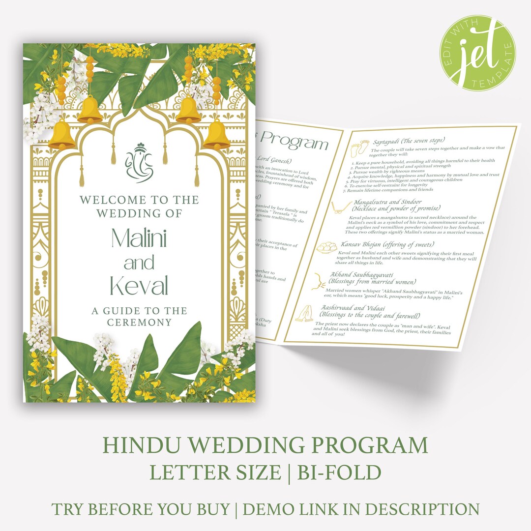 Hindu Wedding Program Indian Wedding Program for Desi Wedding Printable ...
