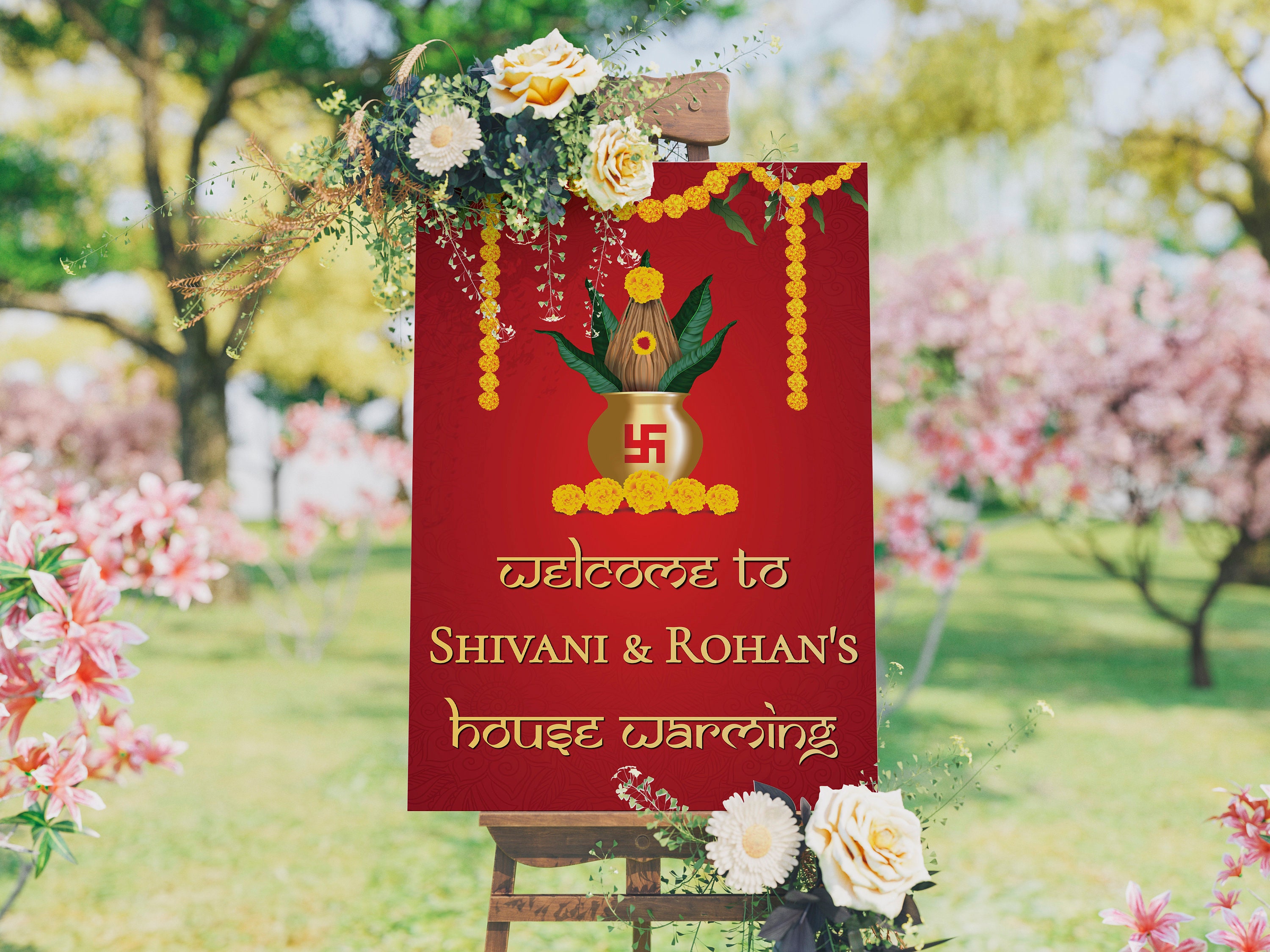 House Warming Welcome Sign Griha Pravesh Ceremony Kalash & Marigold ...