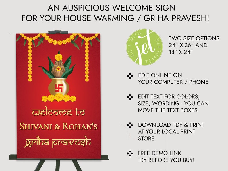 House Warming Welcome Sign Griha Pravesh Ceremony Kalash & Marigold ...