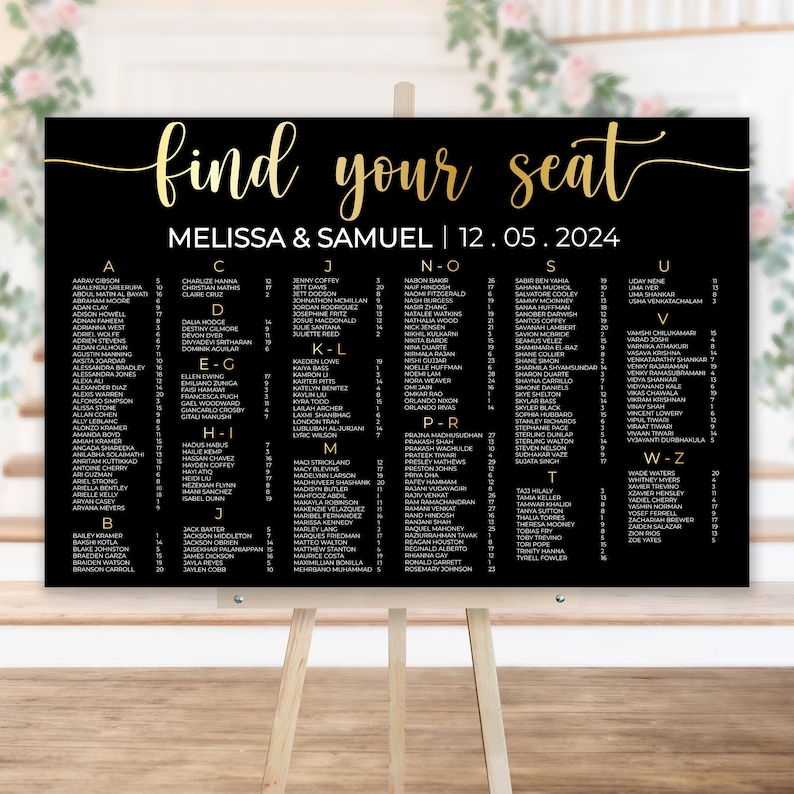 Seating Chart Black and Gold Wedding Alphabetical Seating - Etsy