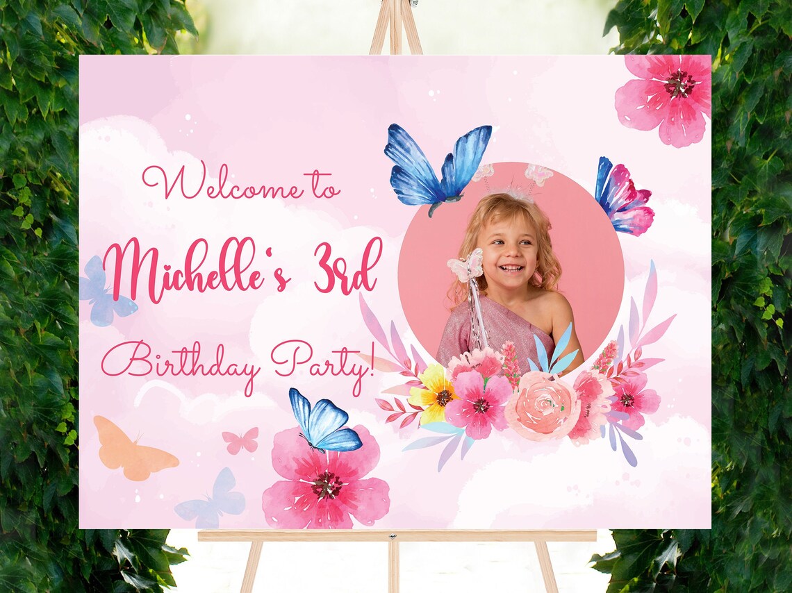Birthday Welcome Sign With Photo Butterfly Theme Welcome Sign for ...
