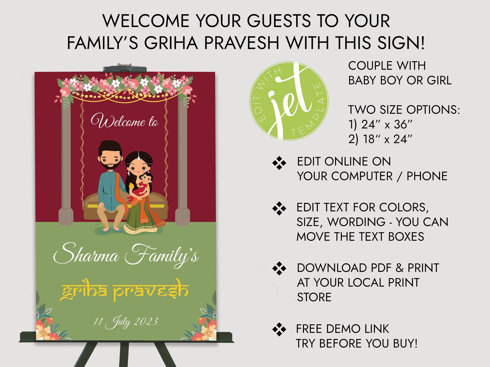 House Warming Welcome Sign Family With Baby Boy or Girl Gruha Pravesham ...