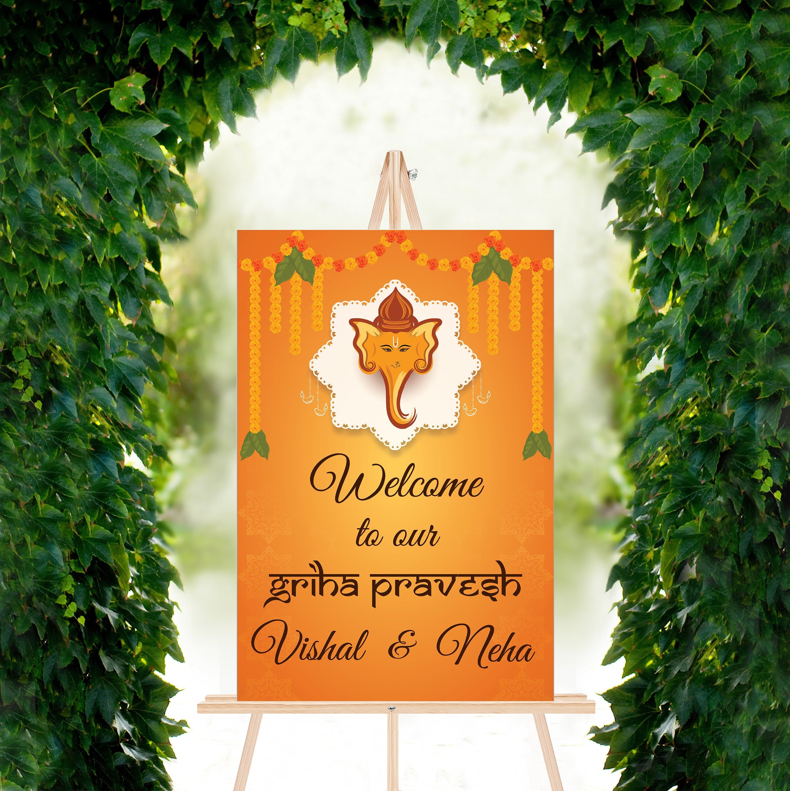 Griha Pravesh Welcome Sign Ganesh & Marigold Housewarming Ceremony Sign ...