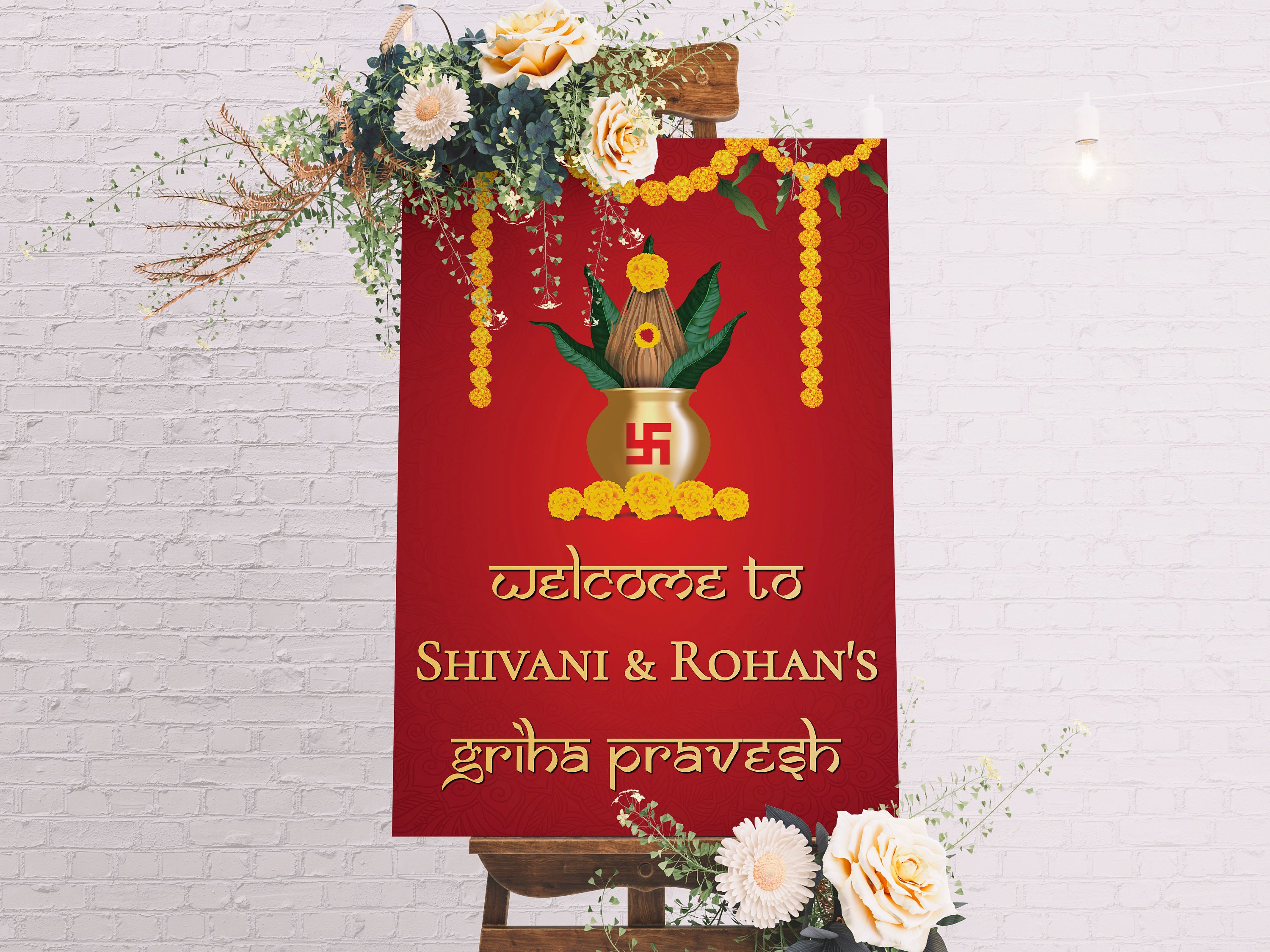 House Warming Welcome Sign Griha Pravesh Ceremony Kalash & Marigold ...