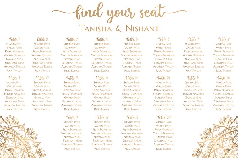Seating Chart Template for Indian Wedding Seating Chart - Etsy