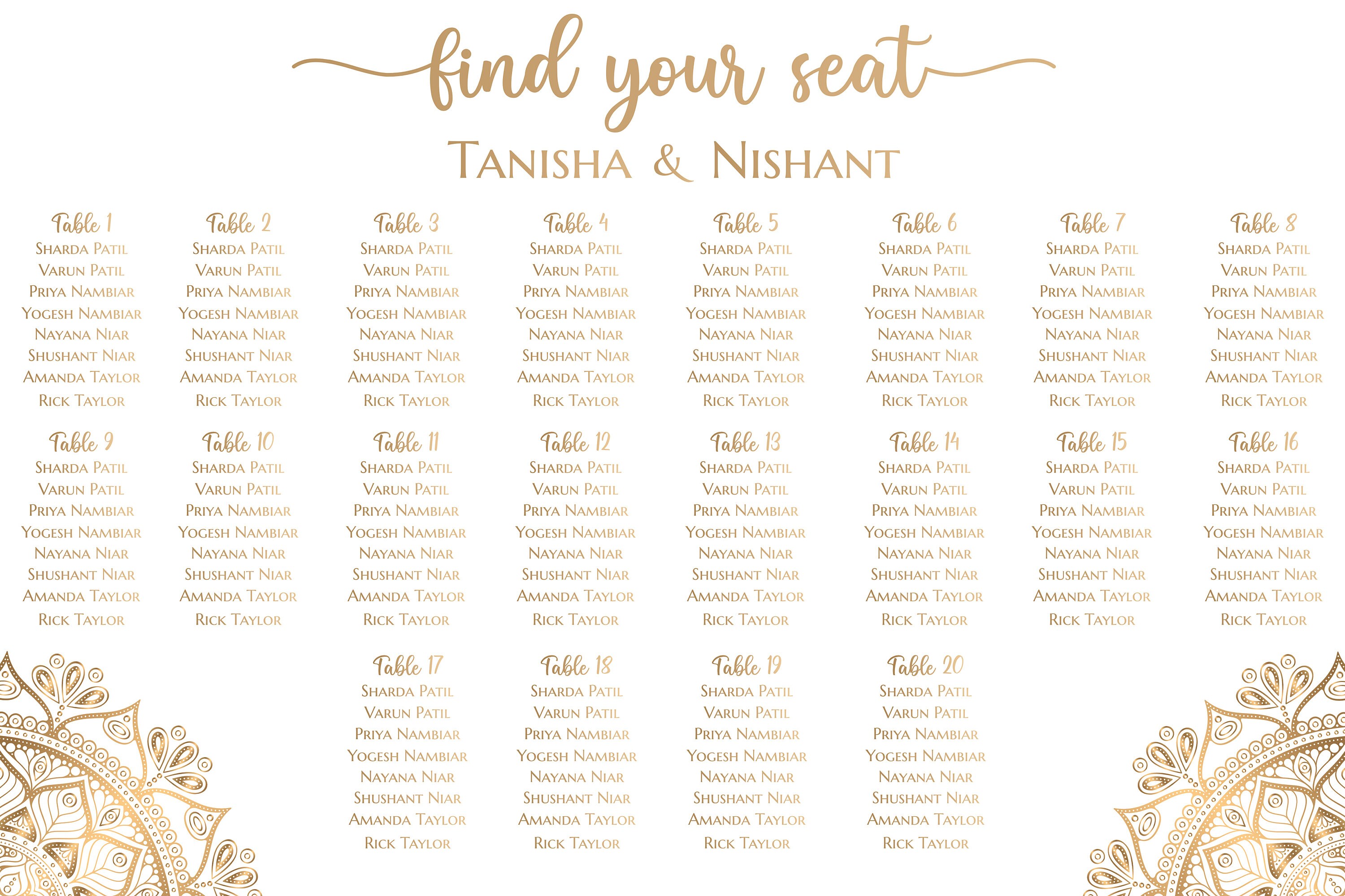 Seating Chart Template for Indian Wedding Seating Chart Wedding Decor ...