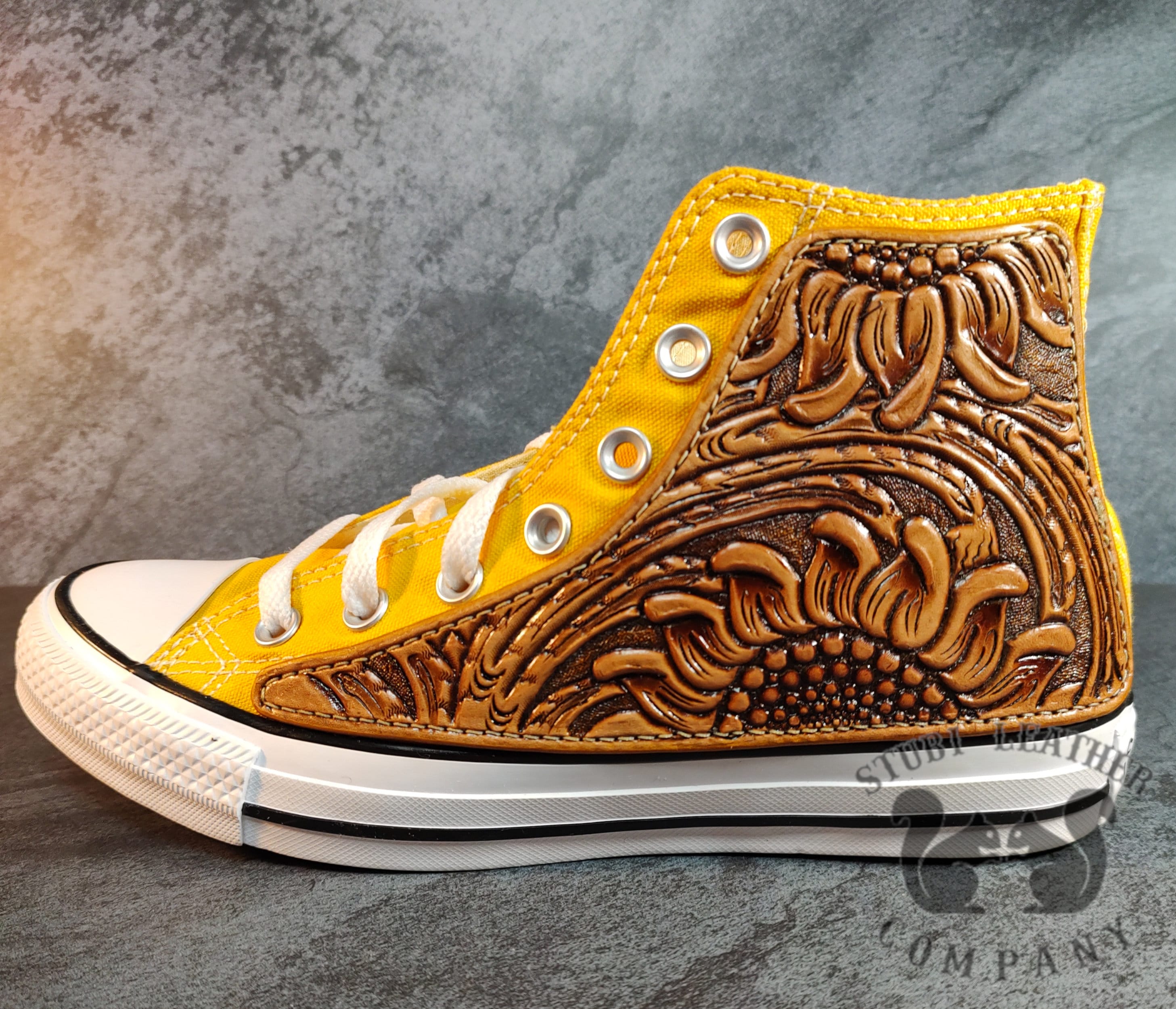Hand Tooled Leather Customized Chuck Taylors With Sunflower and Western ...