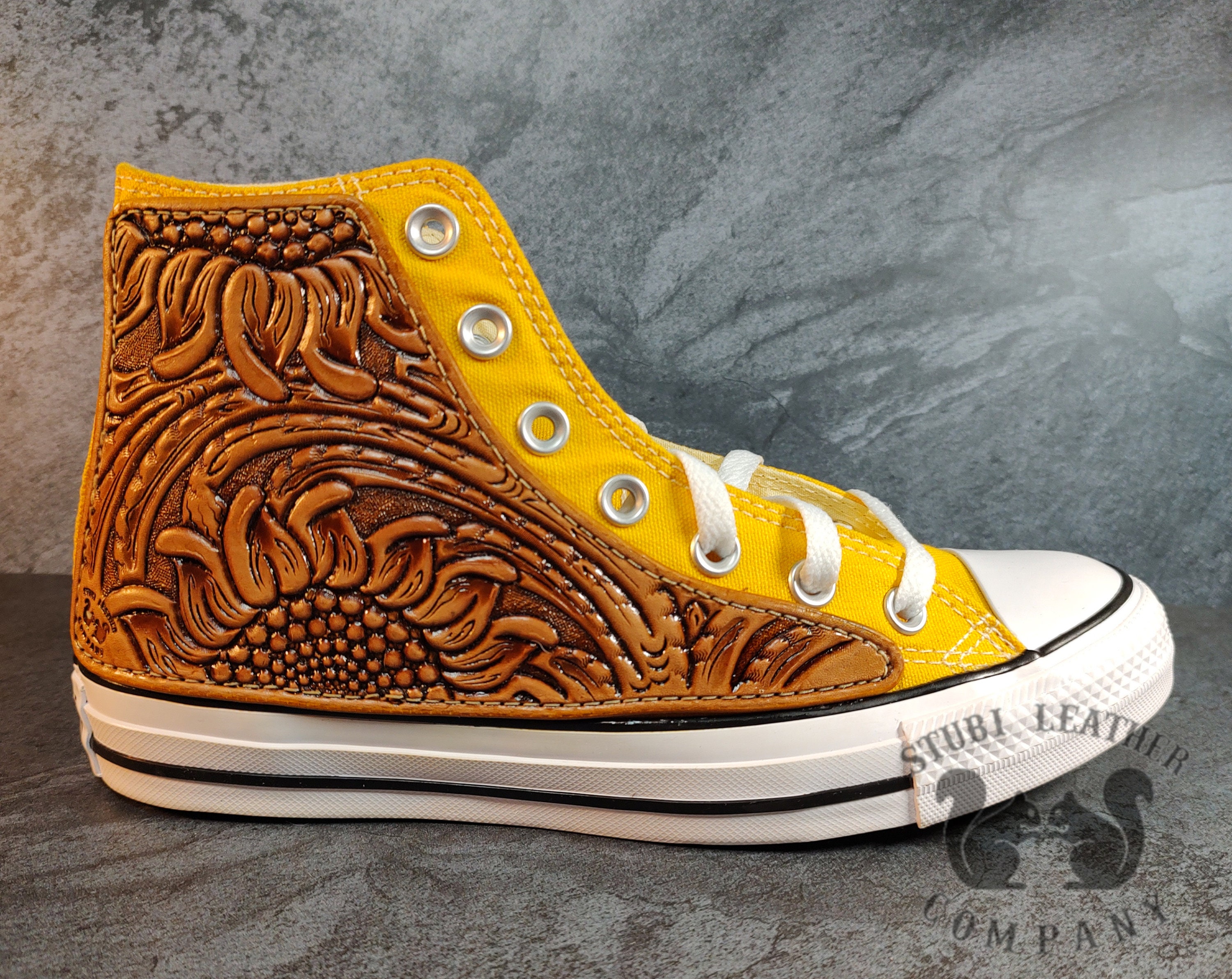 Hand Tooled Leather Customized Chuck Taylors With Sunflower and Western ...