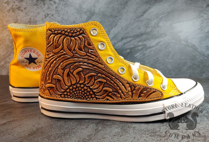 Hand Tooled Leather Customized Chuck Taylors With Sunflower and Western ...