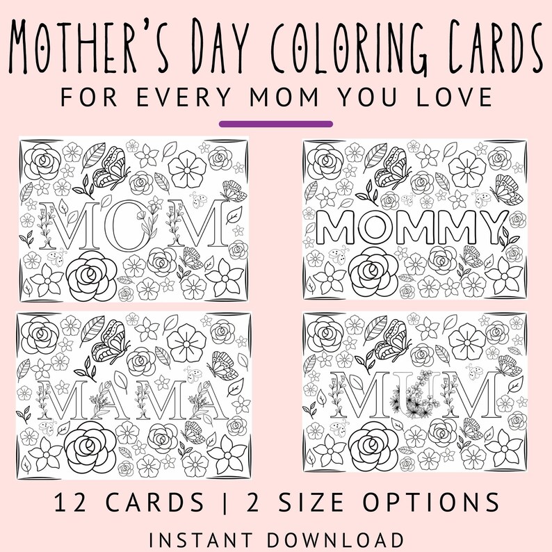 Mother's Day Coloring Cards, 12 Card Set for Mom, Grandma, Aunt ...