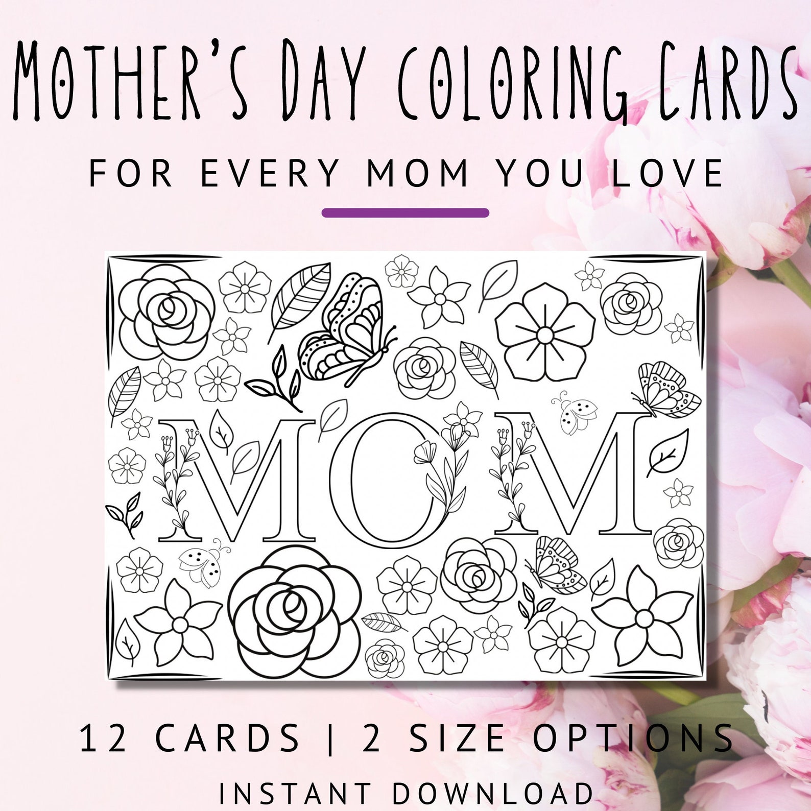 Mother's Day Coloring Cards, 12 Card Set for Mom, Grandma, Aunt ...