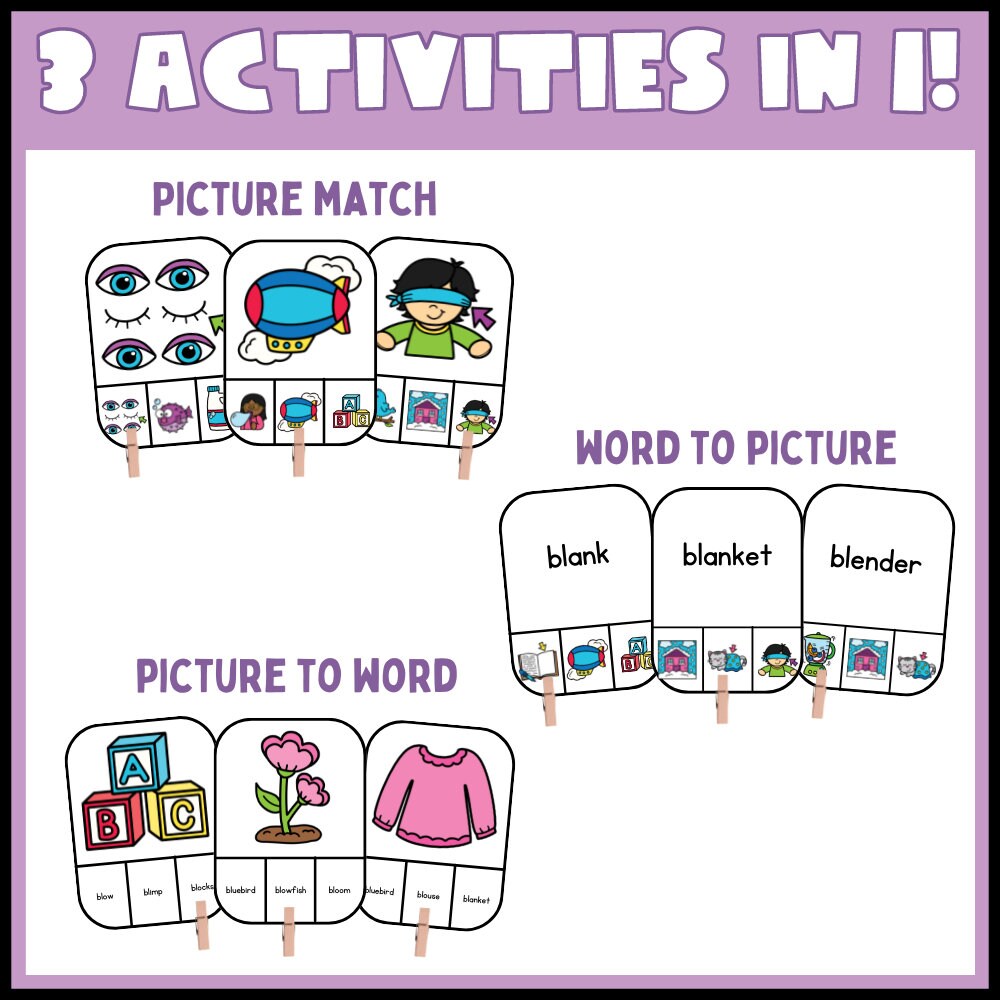 BL Blend Clip Cards, Spelling Activity With Fine Motor Skills - Etsy
