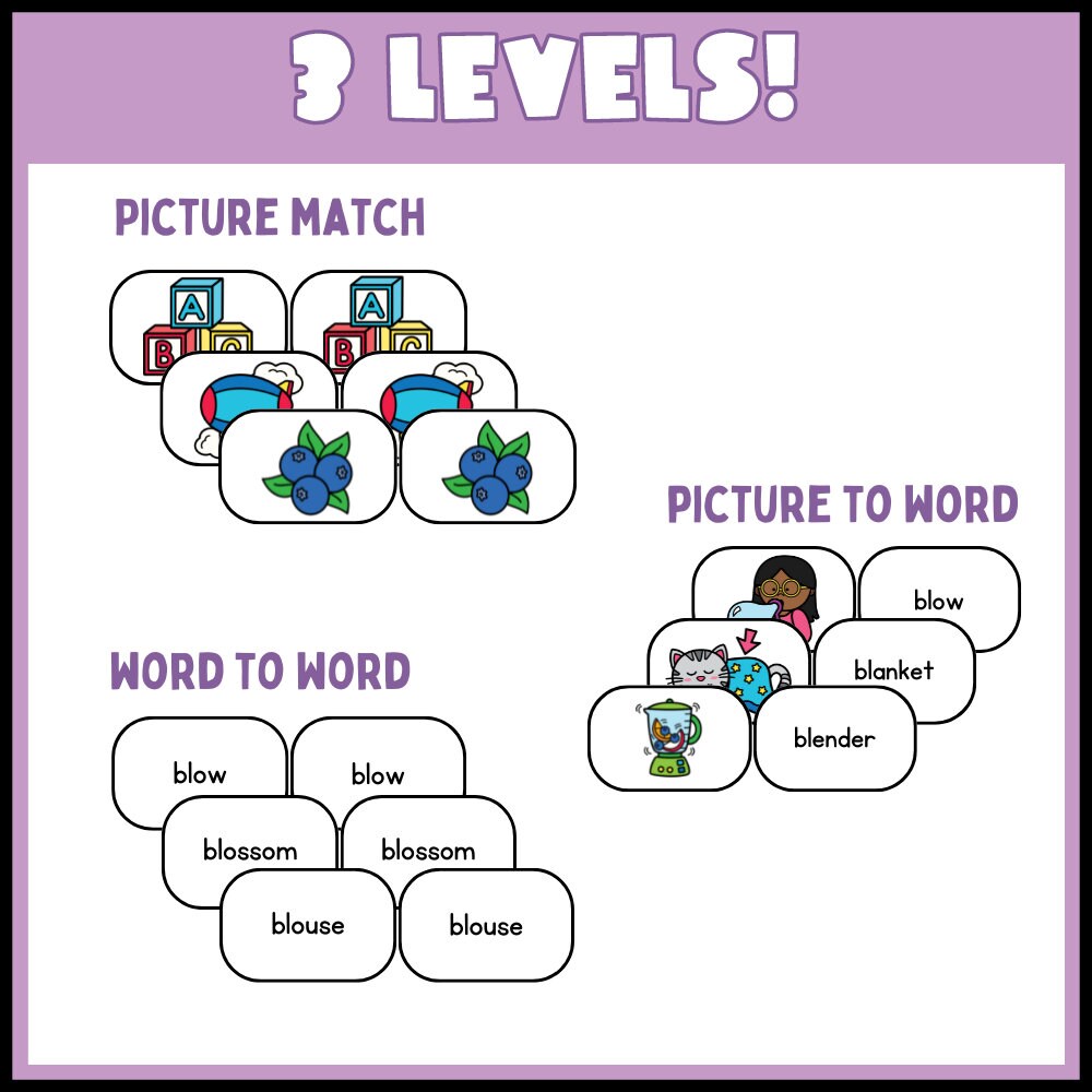 BL Blend Memory Game, Print and Go Spelling Activity - Etsy