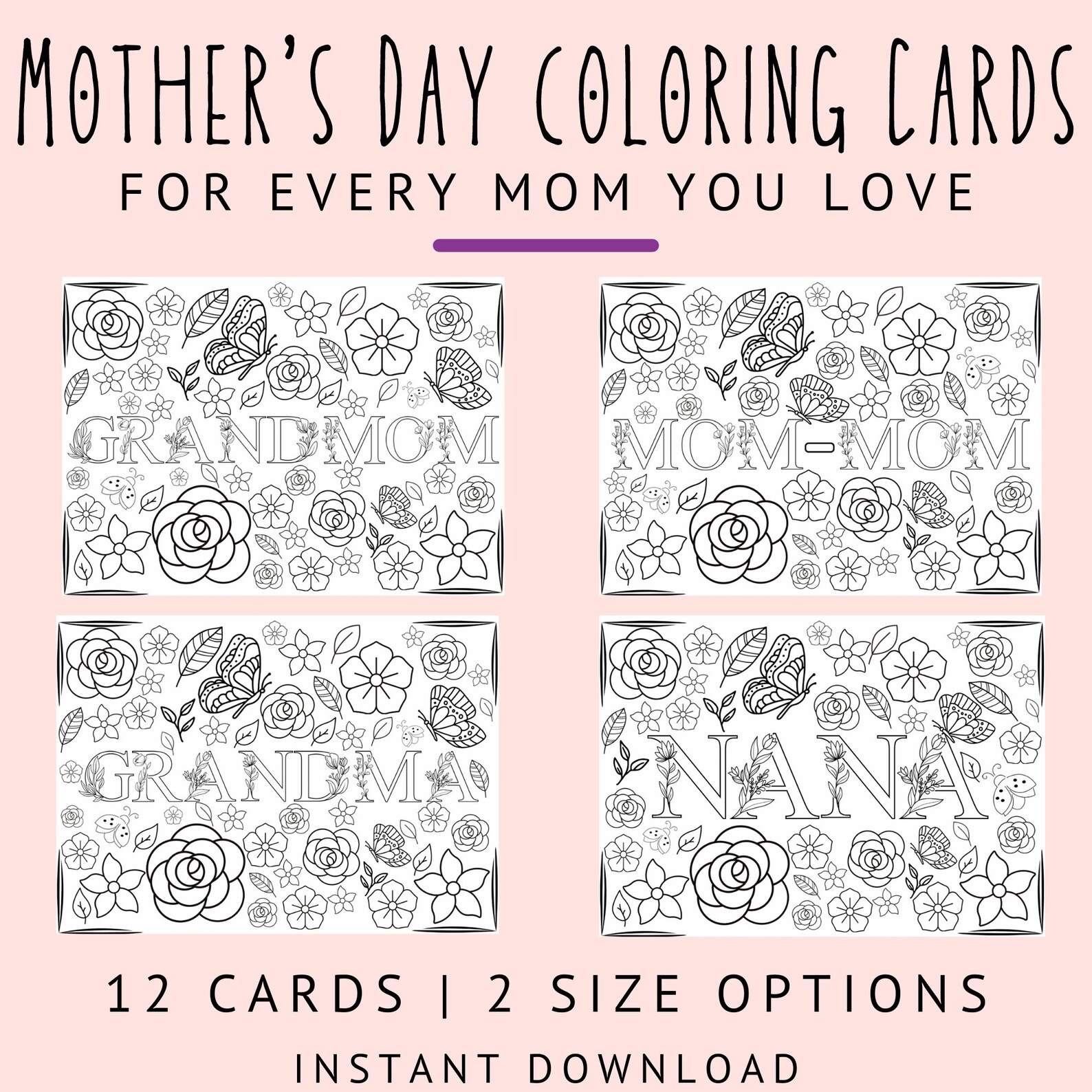 Mother's Day Coloring Cards, 12 Card Set for Mom, Grandma, Aunt ...