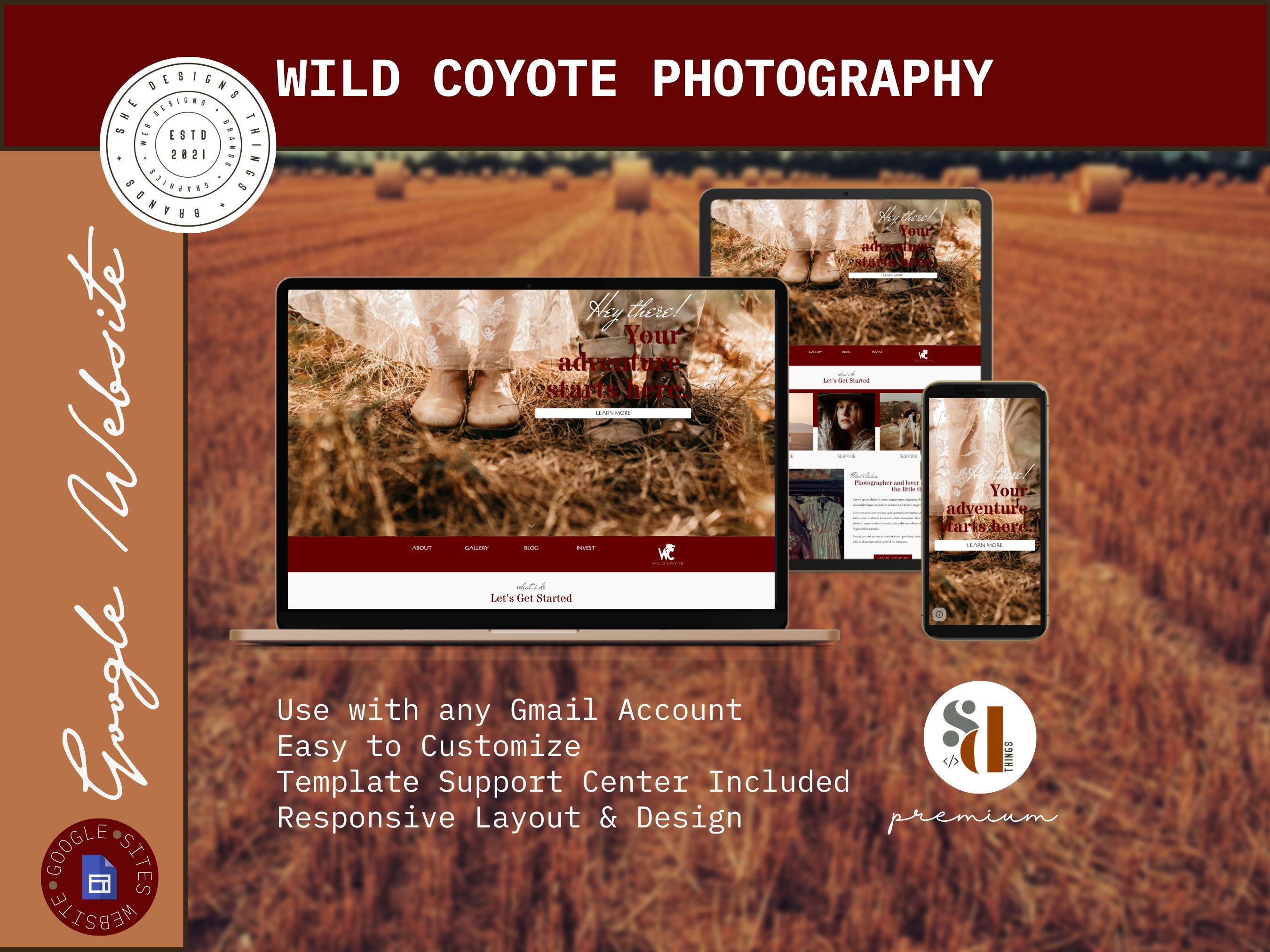 Google Sites Template Dark Red Boho Theme for Photographers | Wild ...