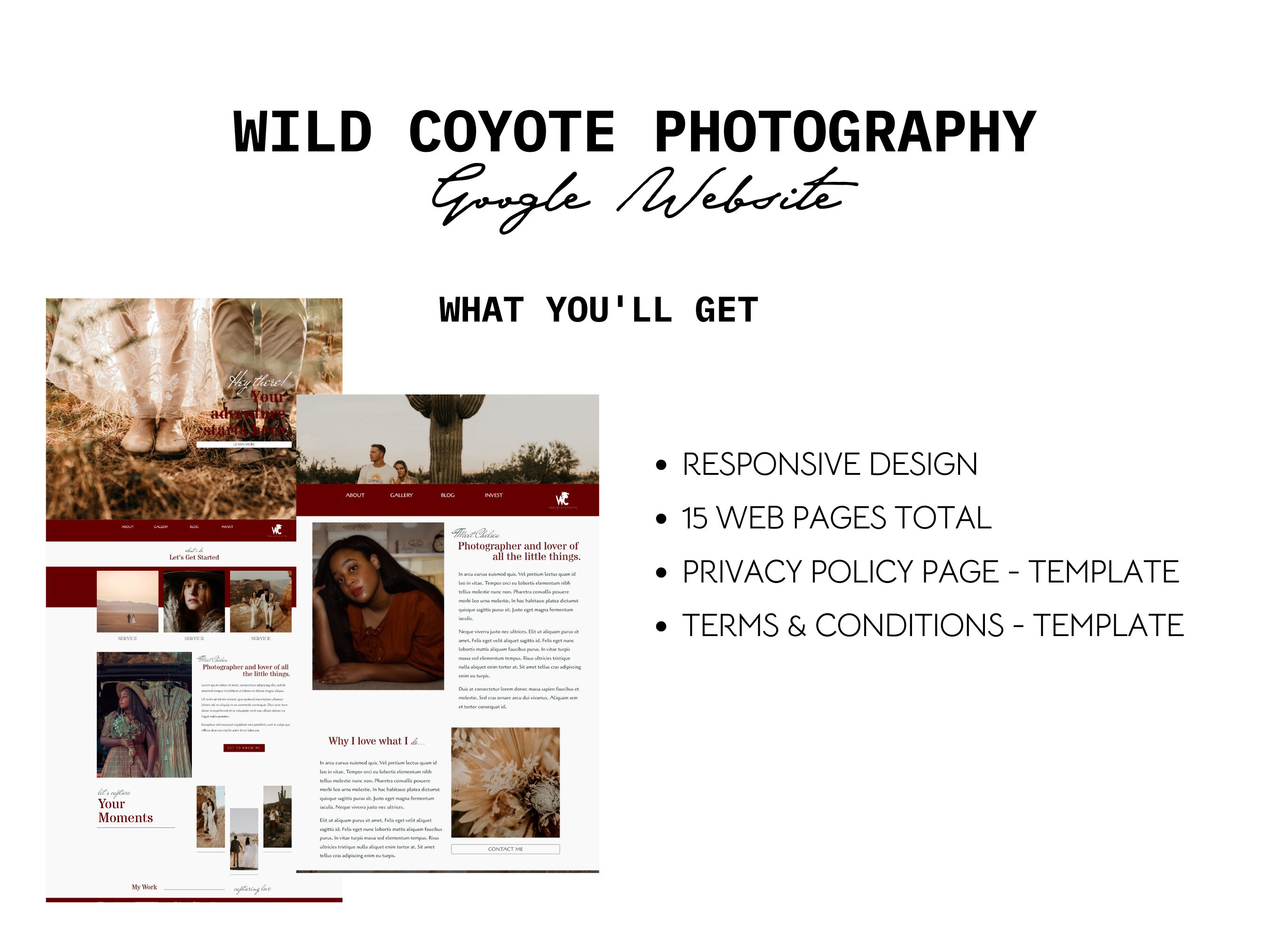 Google Sites Template Dark Red Boho Theme for Photographers | Wild ...