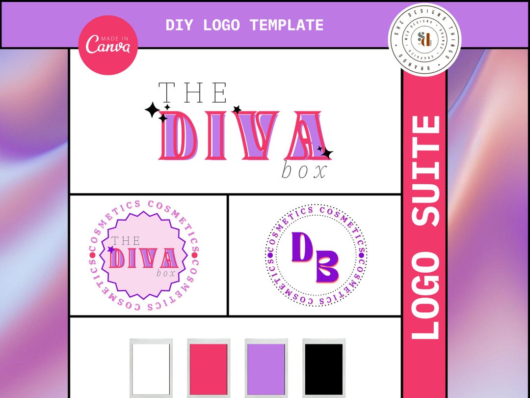 Retro Colorful Logo Design Kit: Diva Box Business Card (canva Editable ...
