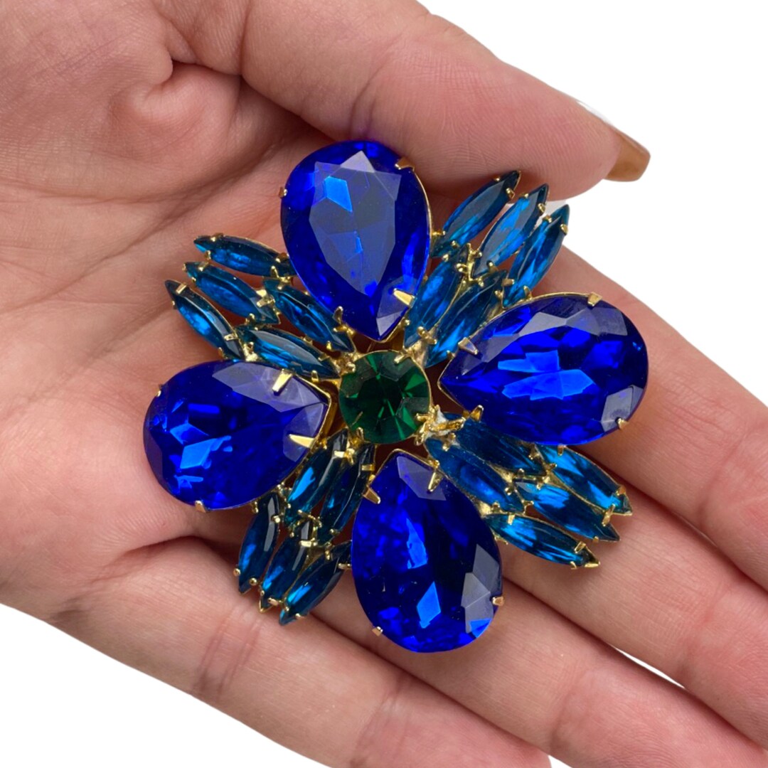 Vintage Royal Blue Pear Shape Navette Flower Gold Tone Pin Brooch - Etsy