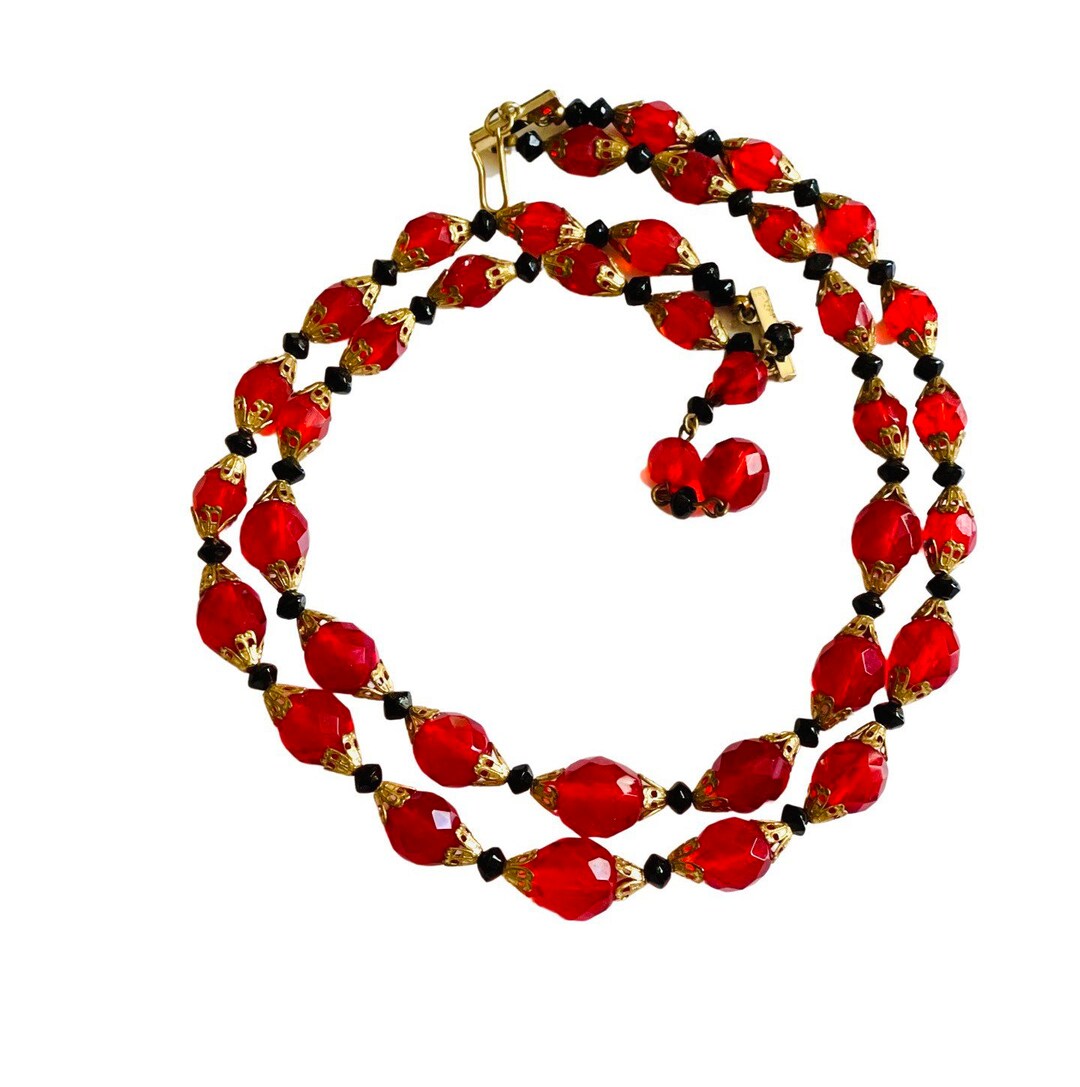Czech Ruby Red Crystal Beads With Gold Caps Two Strand Choker Necklace ...