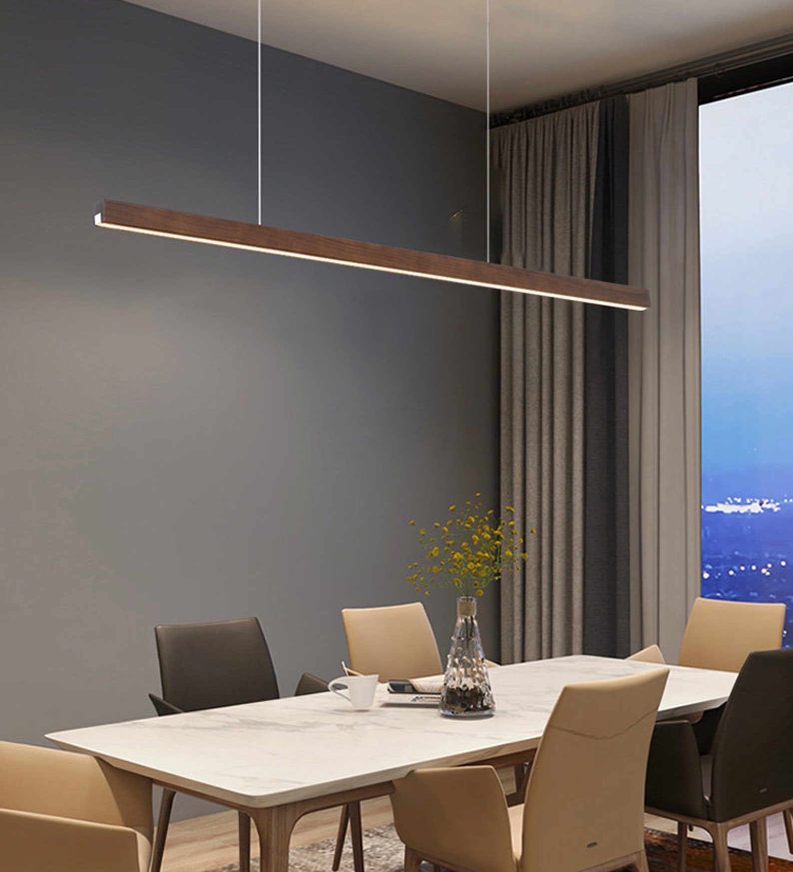 Minimalist Linear Wooden Pendant LED Light, Wood Chandelier Home ...