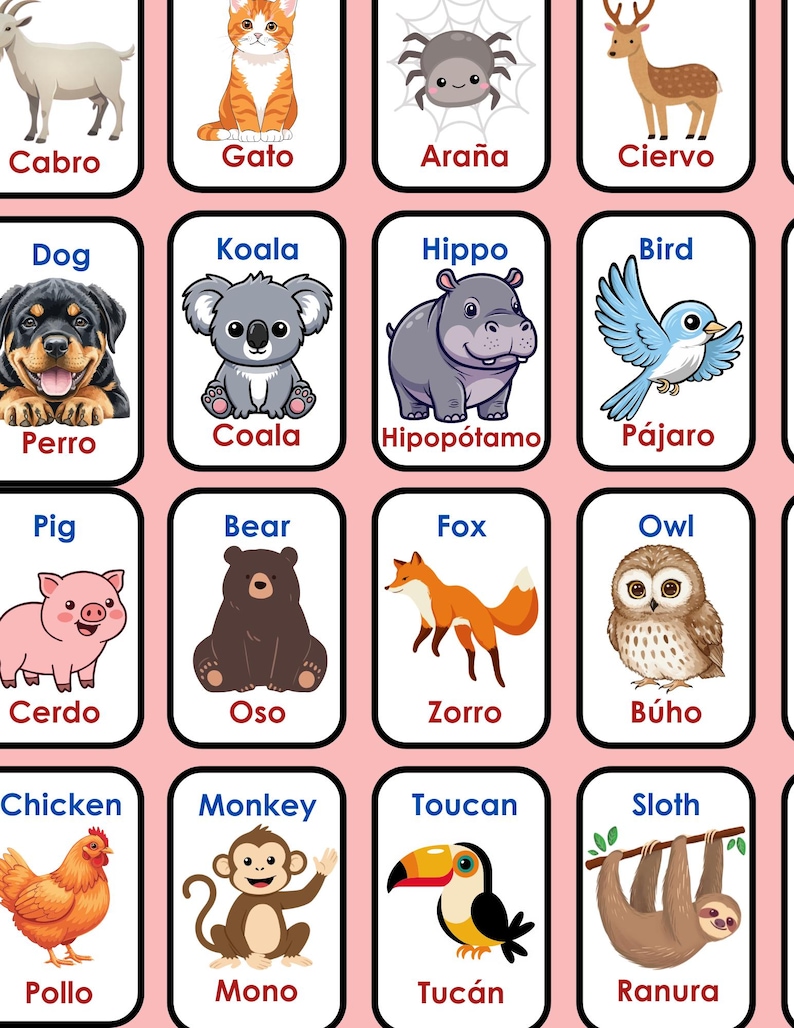 English Spanish Animal Flashcards | Bilingual Learning (PDF Download ...