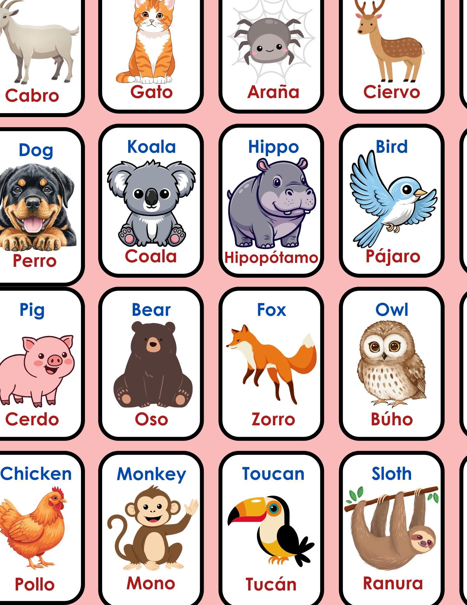 English Spanish Animal Flashcards | Bilingual Learning (PDF Download ...