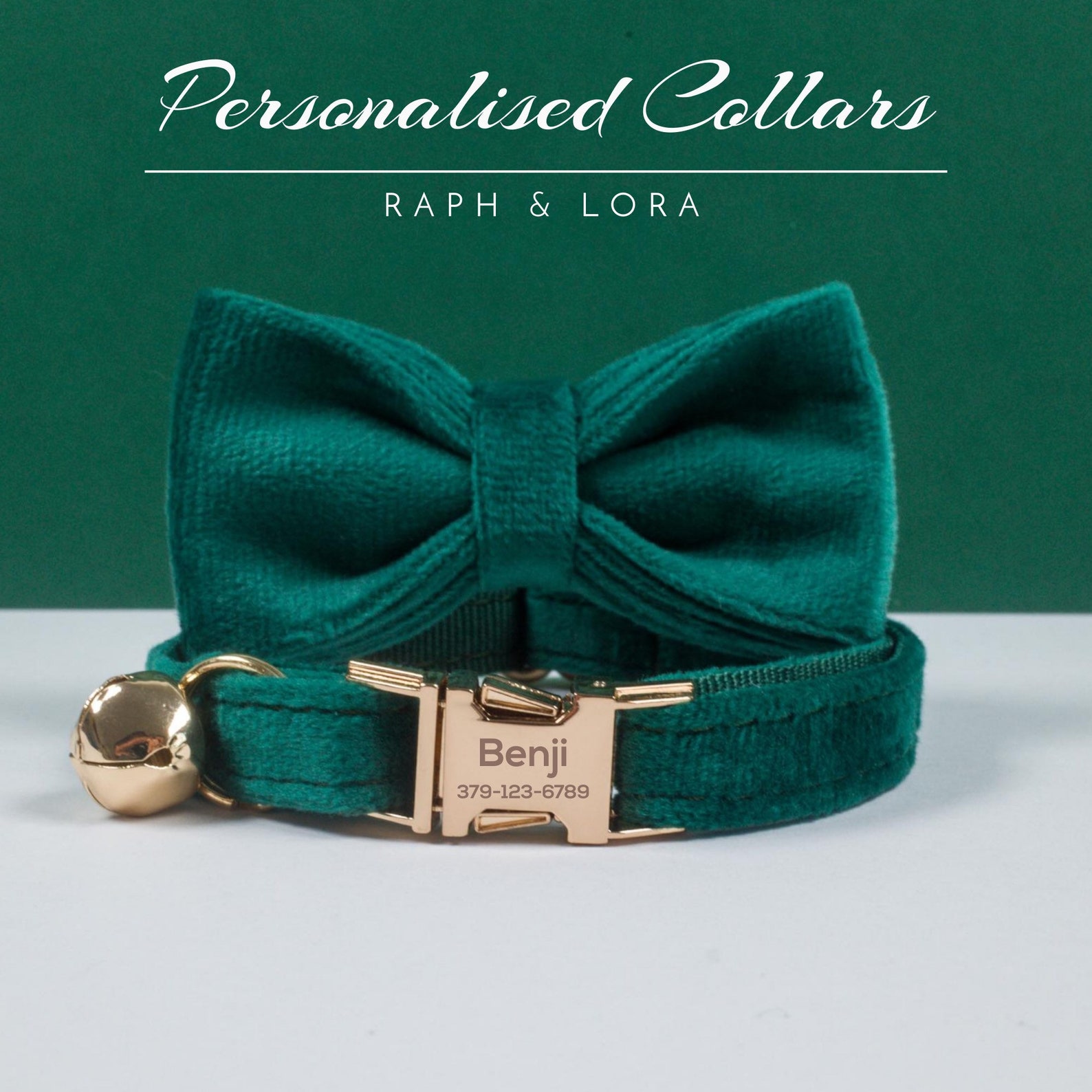 Green Custom Cat Collar With Bow&bell Personalised Kitten - Etsy