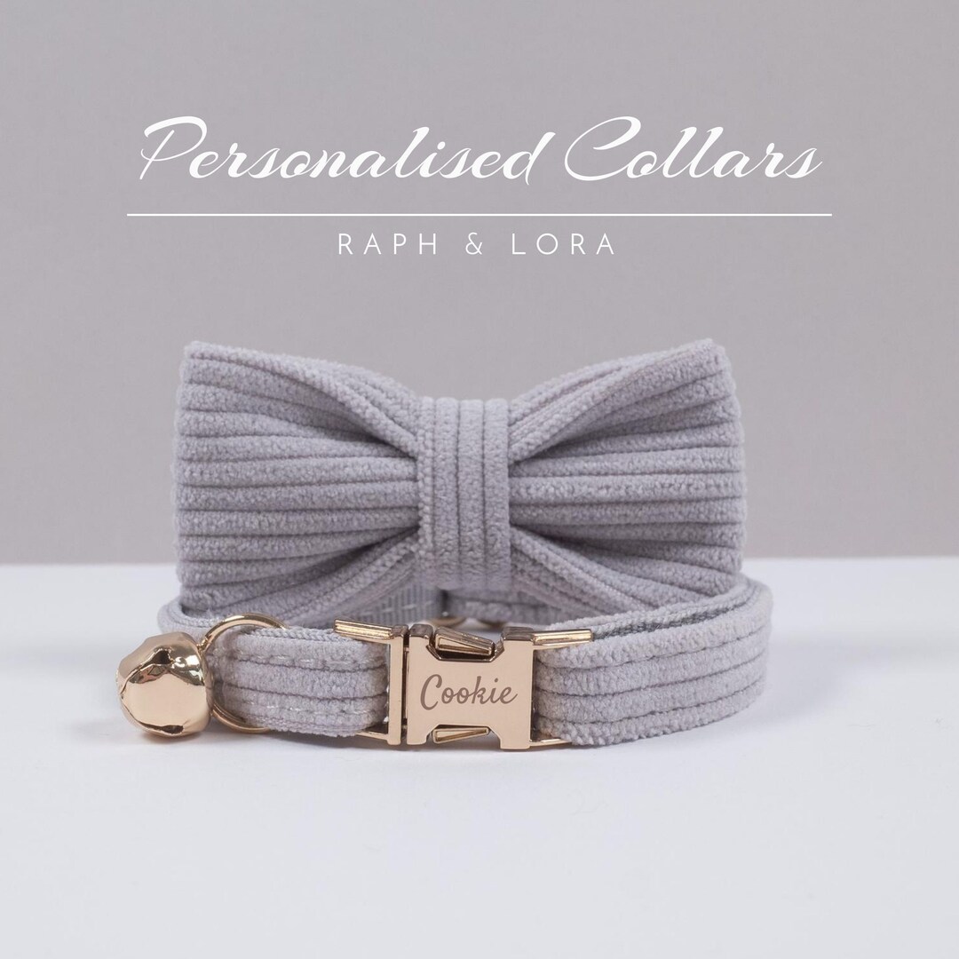Light Gray Corduroy Cat Collar Bow Set,custom Kitten Cat Collar Bell ...