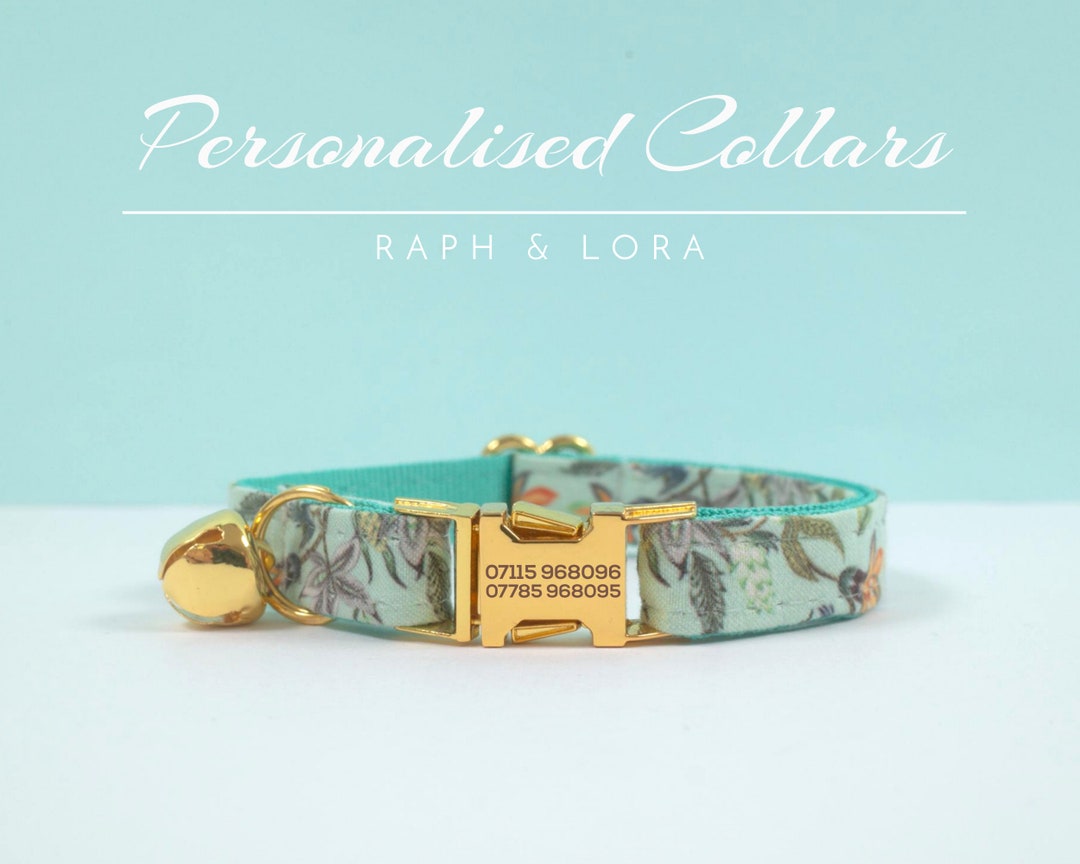 Blue Floral Cat Kitten Collar Lead Bow,fancy Cat Collar Bell, Handmade ...