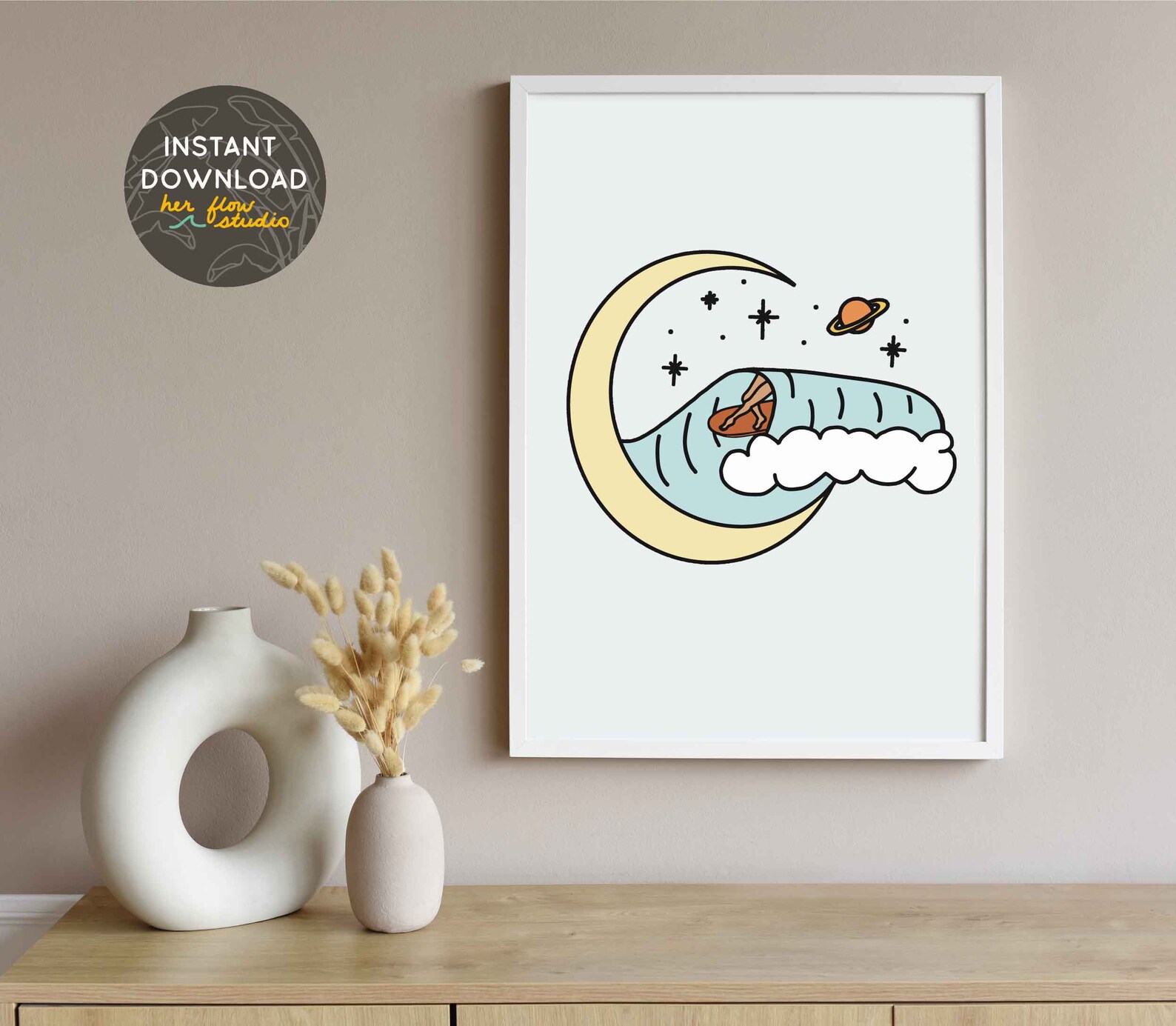 MOONLIGHT WAVE DANCER Surf Art Printable Wave Art Moon and Wave Moon ...