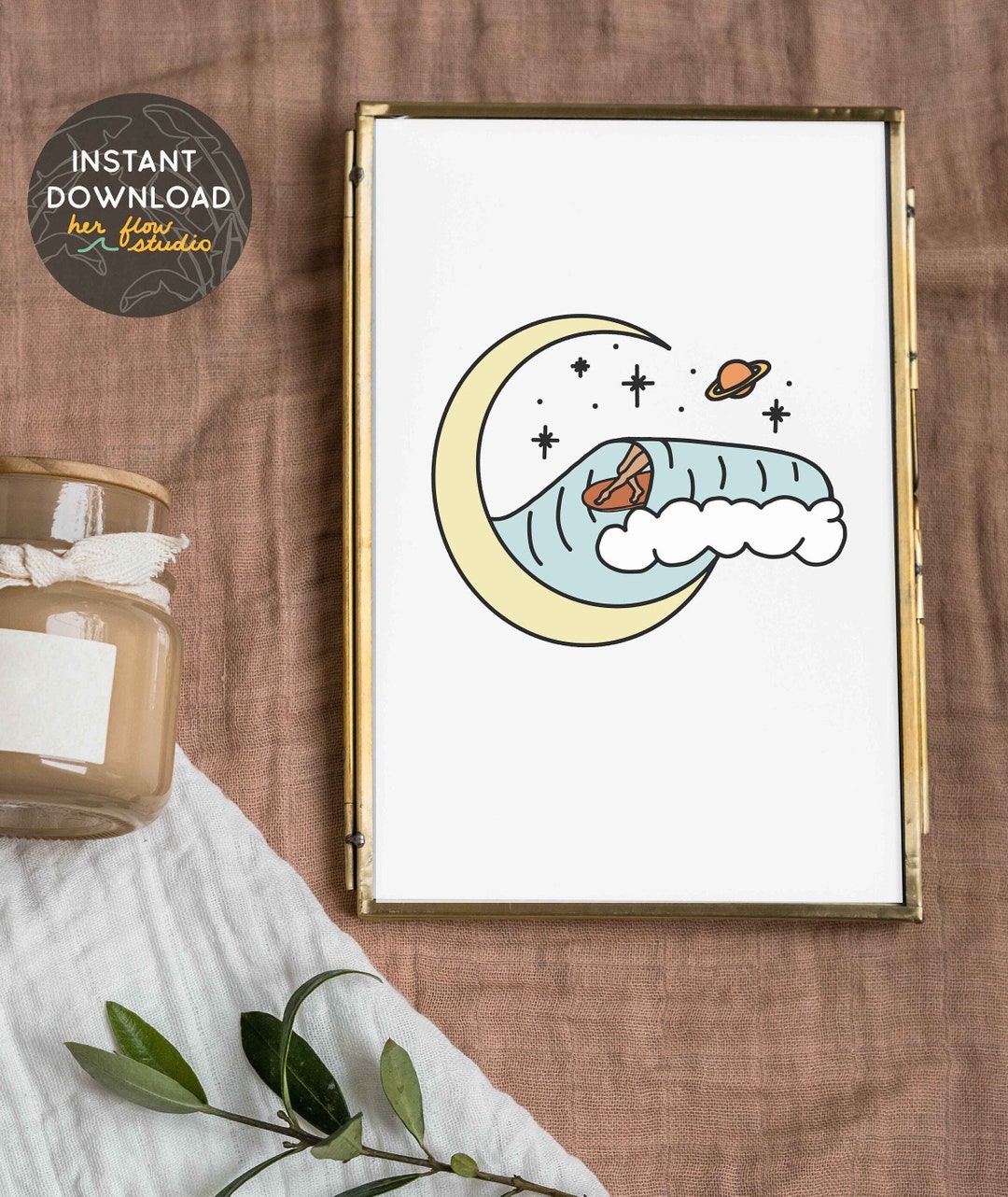 MOONLIGHT WAVE DANCER Surf Art Printable Wave Art Moon and Wave Moon ...