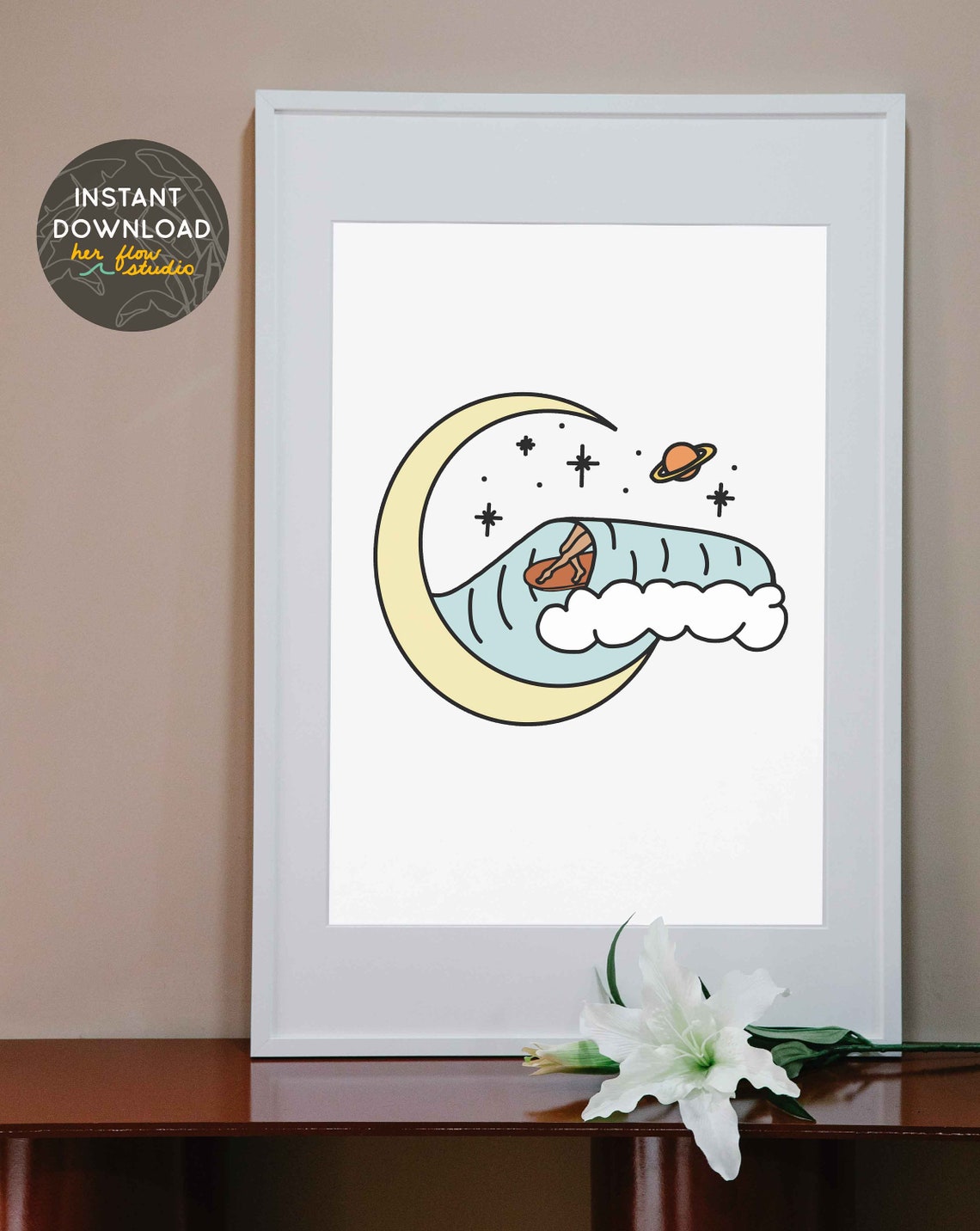 MOONLIGHT WAVE DANCER Surf Art Printable Wave Art Moon and Wave Moon ...