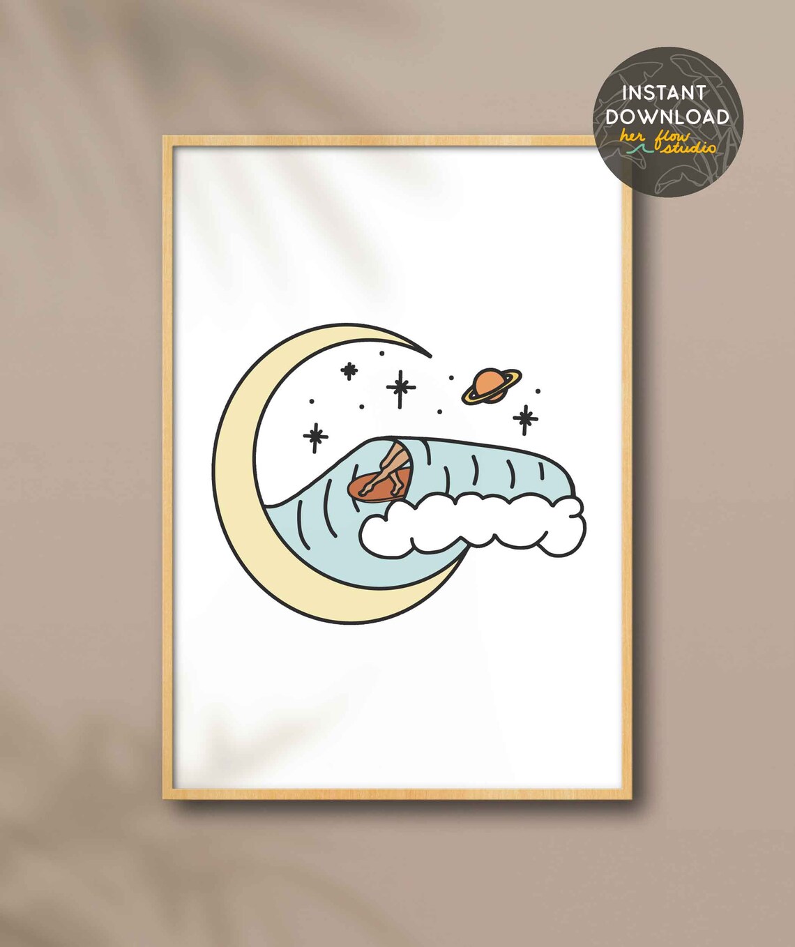 MOONLIGHT WAVE DANCER Surf Art Printable Wave Art Moon and Wave Moon ...