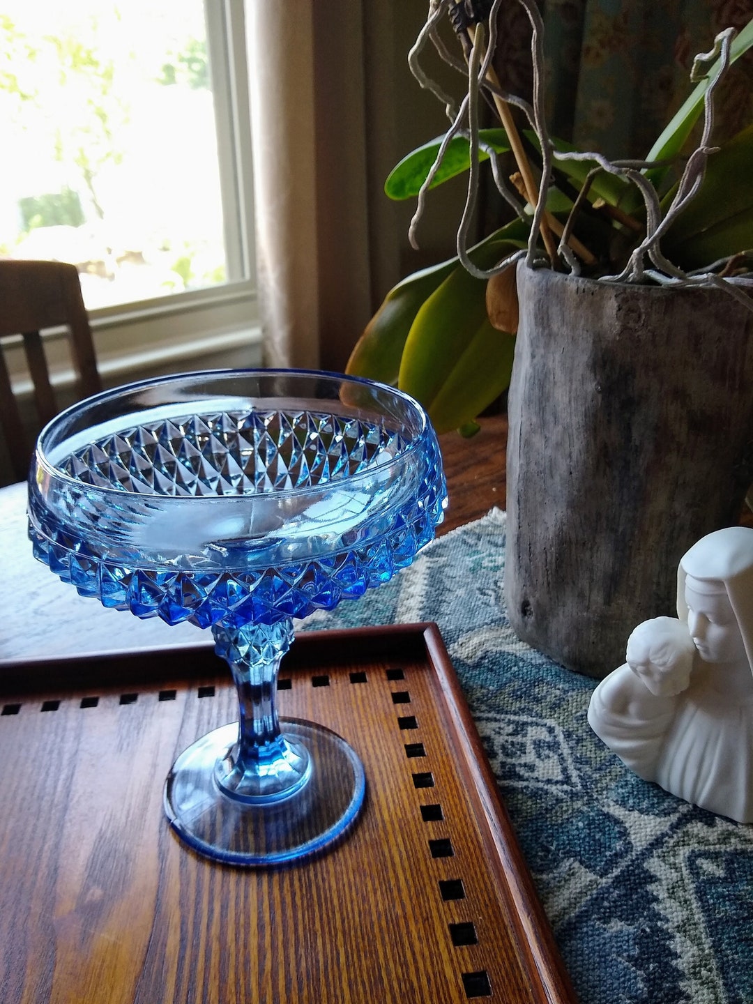 Pristine Royal Blue Diamond Point Indiana Glass Compote / Pedestal Bowl ...