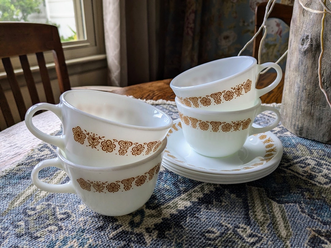 Butterfly Gold Pyrex Coffee Cups and Saucers - Pyrex and Corelle - 1970 ...