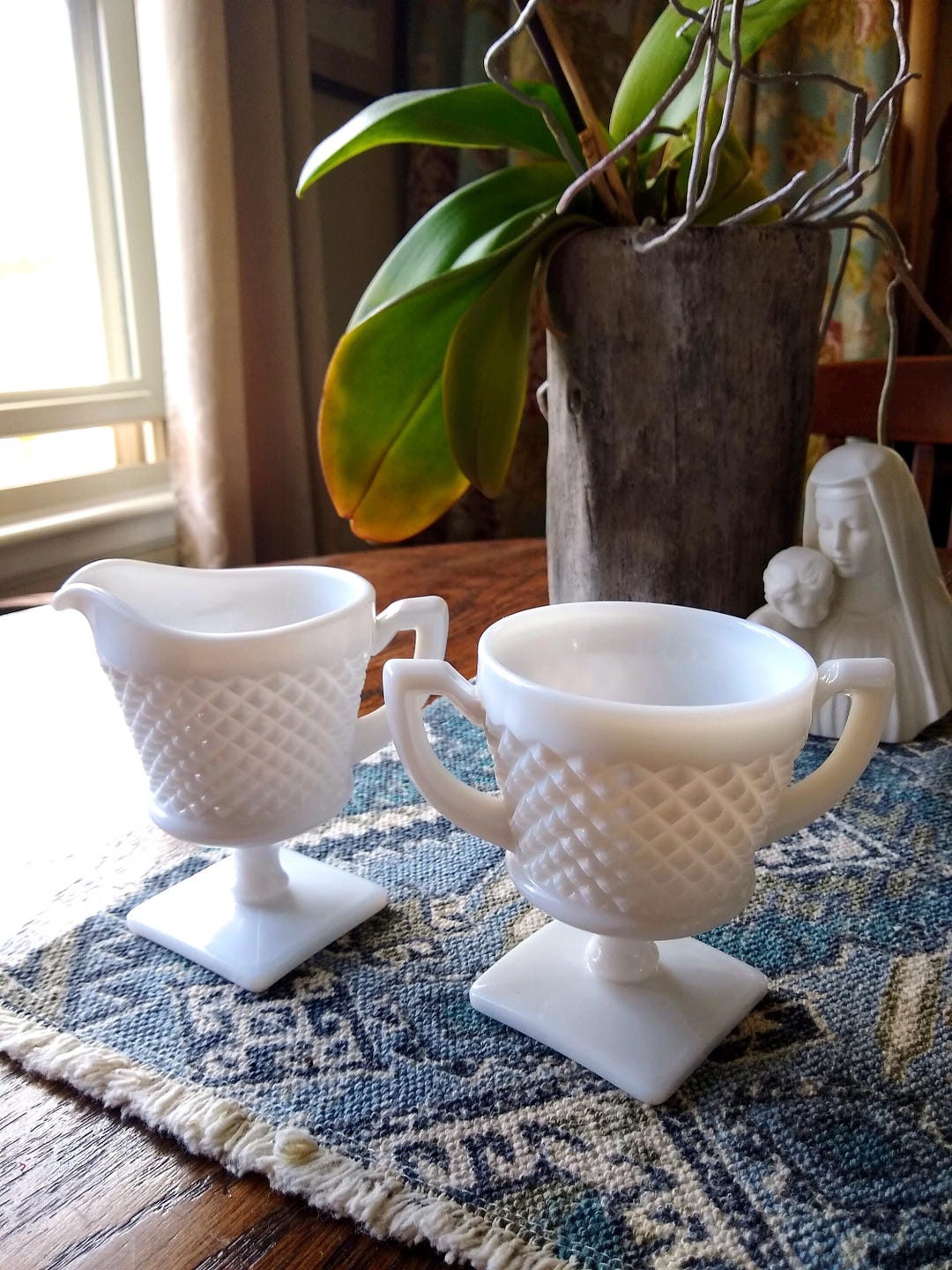 Very Old Diamond Point Hobnail Milk Glass Sugar Bowl and Creamer Set ...