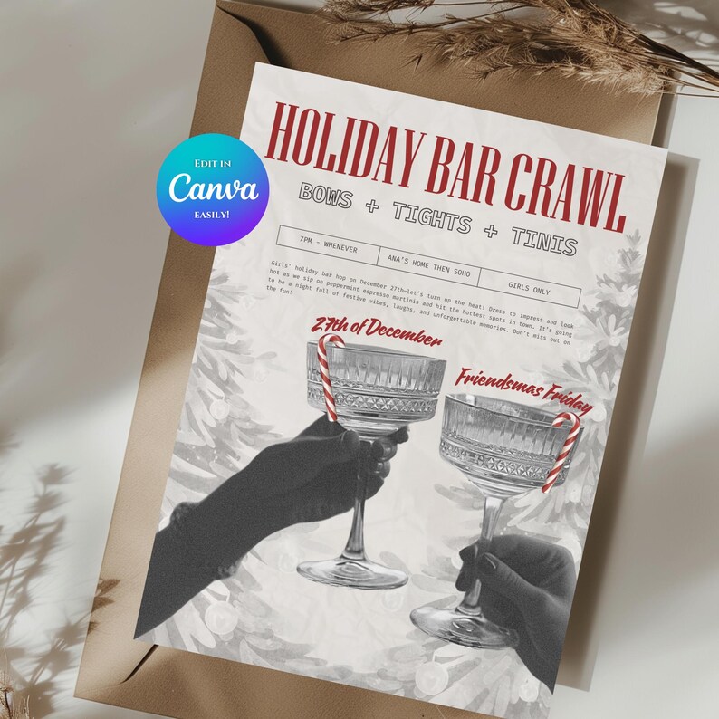 Editable Digital Holiday Christmas Party Bar Crawl Event Invitation ...