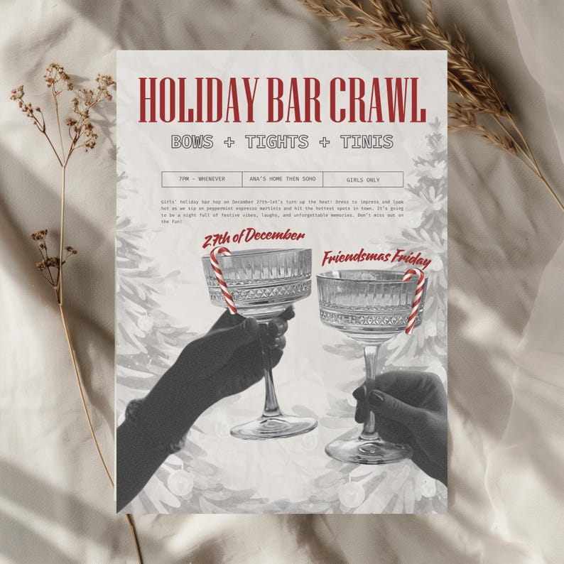 Editable Digital Holiday Christmas Party Bar Crawl Event Invitation ...