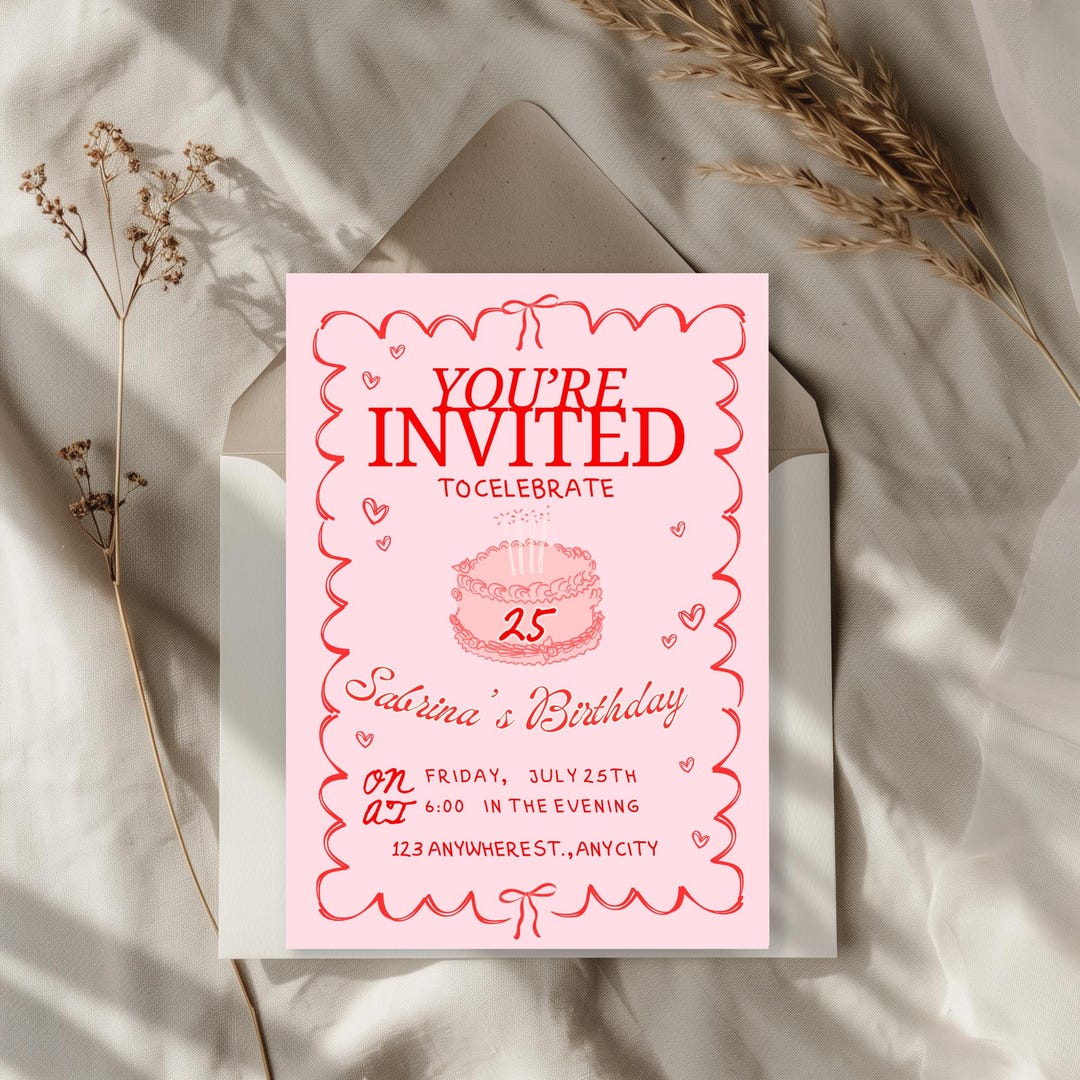 Editable Digital Birthday Invitation, ANY AGE Birthday Bows and Hearts ...
