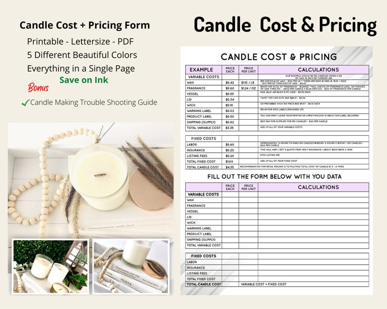 Candle Making Printable Cost Calculator Sheets, + FREE/BONUS: 3-page ...