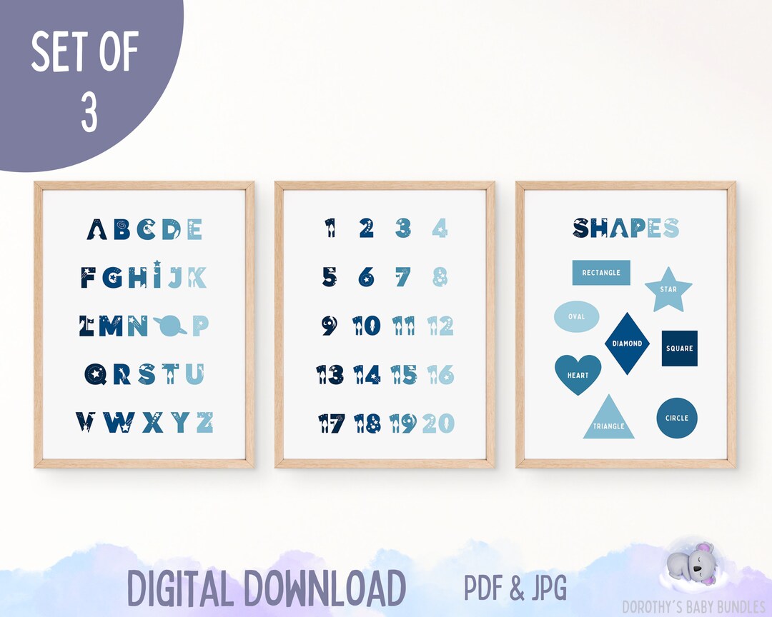 Blue Cosmic Space Alphabet Numbers, 3 Print Set, ABC 123 Boys or Girls ...