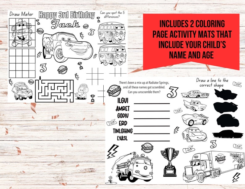 Cars Coloring Activity Mats, Cars Coloring Pages, Cars Party Favors ...